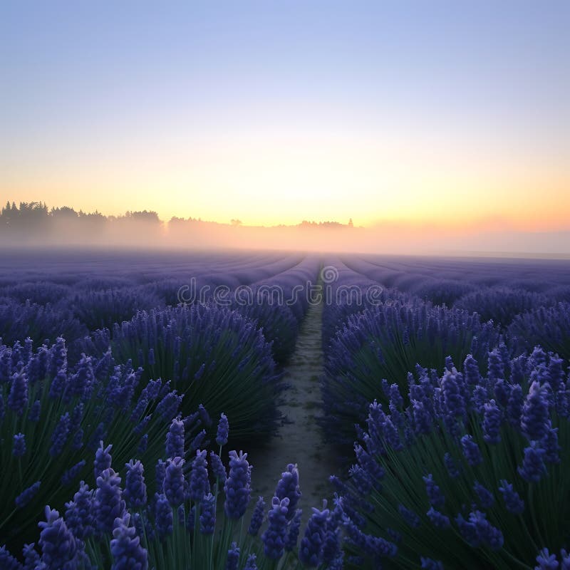 Soft Dawn Over Lavender Fields in Provence Stock Illustration ...