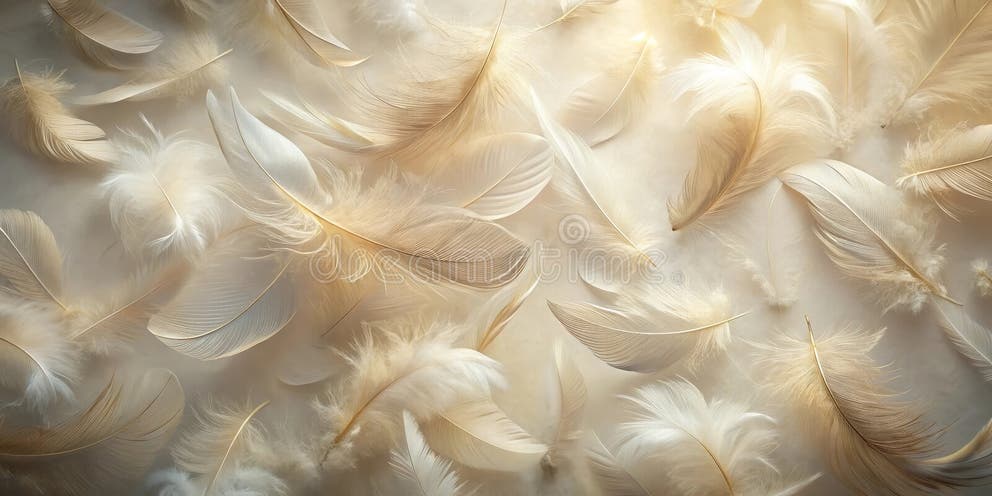 Soft, Delicate Feathers in Warm Ivory and Gold Tones, Arranged on a ...