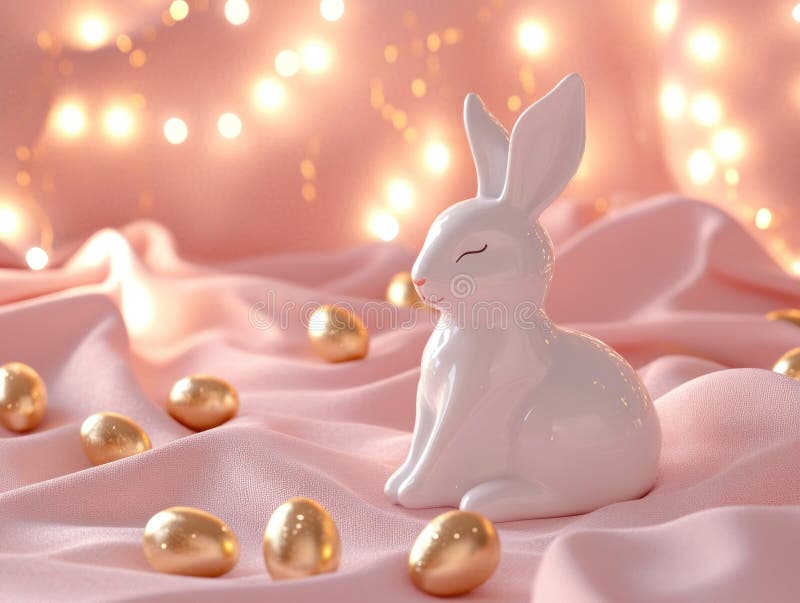Soft and Dreamy Easter Bunny with Golden Eggs on Pink Fabric Stock ...