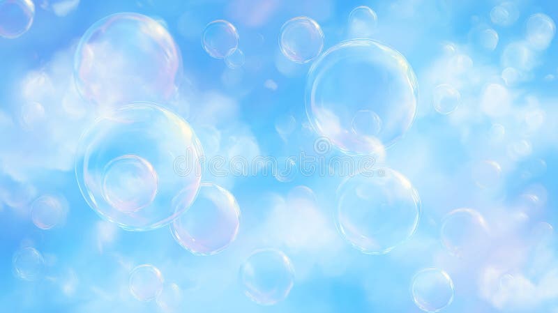 Soft Dreamy Floating Soap Bubbles and Light Clouds Merging in an Abstract Blue Sky, a Feeling of ...