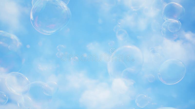 Soft Dreamy Floating Soap Bubbles and Light Clouds Merging in an Abstract Blue Sky, a Feeling of ...