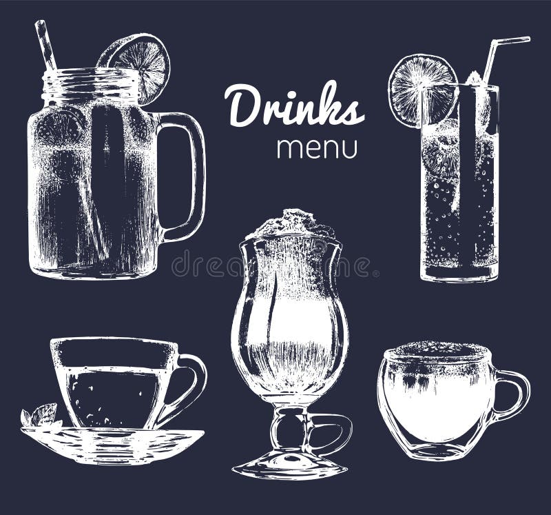 Soft Drinks and Glasses for Bar,restaurant,cafe Menu. Hand Drawn ...