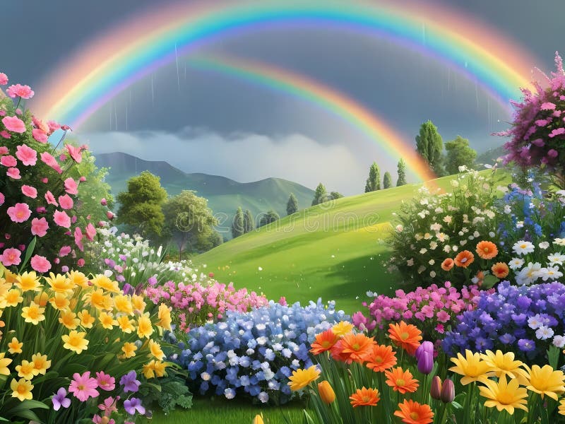 A Soft Drizzle Falling on a Spring Garden, with Colorful Flowers, and ...