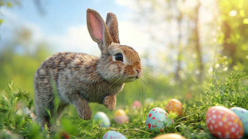 A Soft Easter Bunny Happily Hops through a Sky Adorned with Vibrant ...