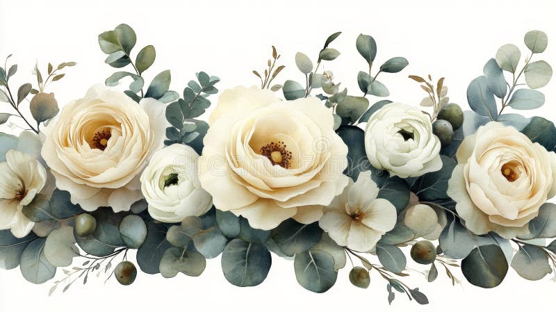 Elegant Ivory Roses with Subtle Greenery Isolated on White Background ...