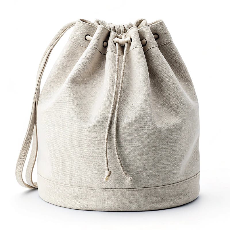 Soft Fabric Bucket Bag with Drawstring on White Background Stock ...