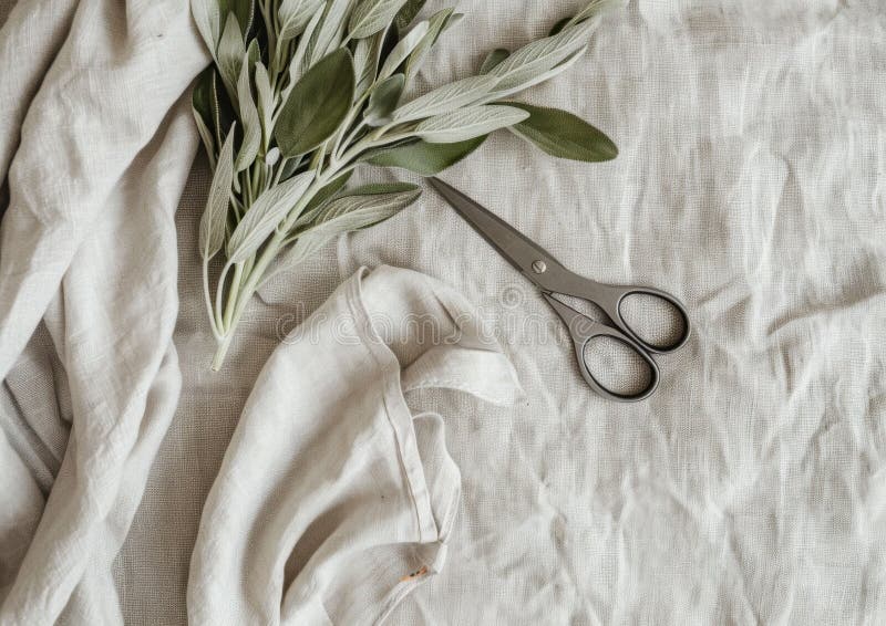 Soft Fabric and Scissors with Greenery on a Light Background Stock ...