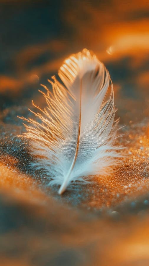 Soft Feather Resting on Shimmering Surface at Sunset, Tranquility and ...