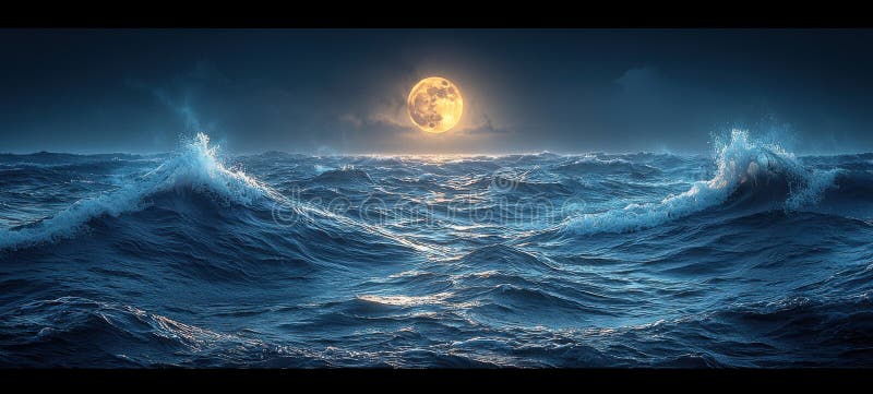 Soft Flowing Ocean Waves Under Full Moon Create Serene Atmosphere Stock ...
