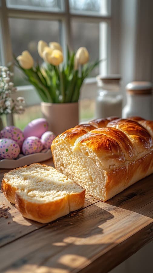 Sliced Paska Bread in a Sunny Kitchen with Easter Decorations and Soft ...