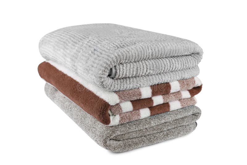 Soft Fluffy Striped Grey and Brown Bath Towels Folded in Stack Isolated ...