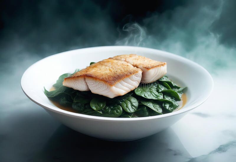 Soft Focus of a Cod Fish Dish with a Relish of Spinach in a White Bowl ...