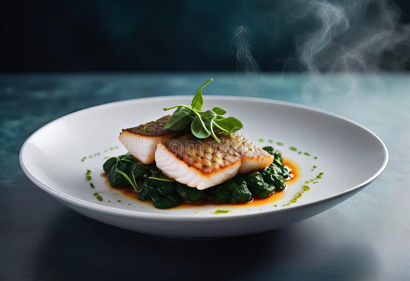 Soft Focus of a Cod Fish Dish with a Relish of Spinach in a White Bowl ...