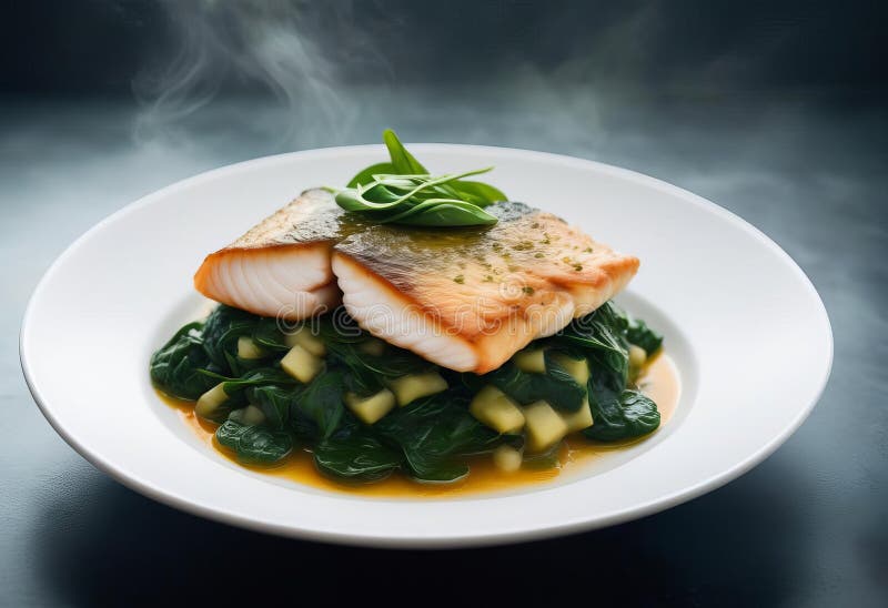 Soft Focus of a Cod Fish Dish with a Relish of Spinach in a White Bowl ...
