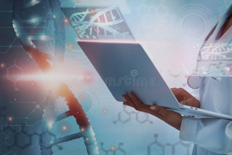 Soft Focus-doctor or Scientist Holding Laptop Computer Analysis DNA ...