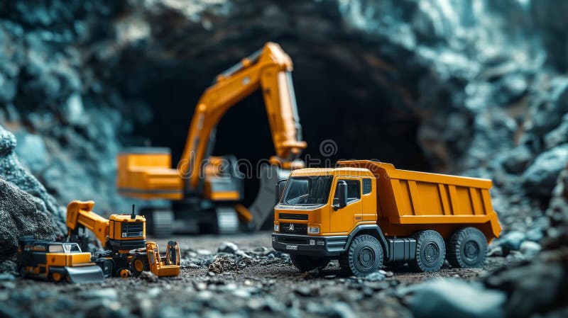 Soft Focus of an Excavator Loading Dumper Trucks on a Mining Site, in ...
