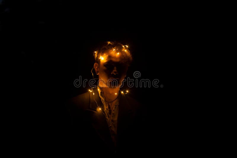 Soft Focus Face Portrait with Garland on Head in Dark Environment Black ...