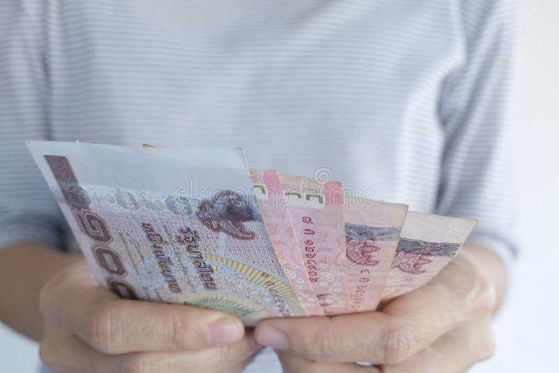 Soft Focus of Female Hands Counting Thai`s Bath Bills or Paying in Cash ...