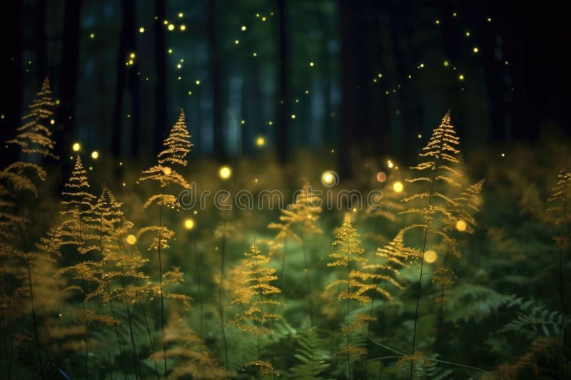 Soft Focus of Fireflies Glowing Around Forest Ferns Stock Photo - Image ...