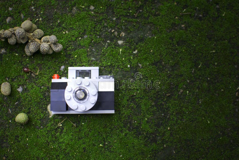 Plastic Blocks Building Create a Camera Toy Laying on the Green Ground ...