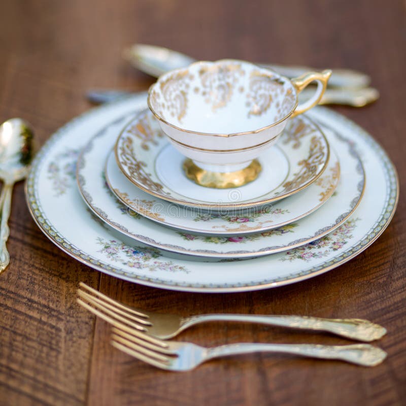 Soft Focus Vintage Antique Tea Cup Setting on Wooden Table Stock Image ...