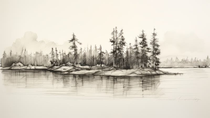 Soft-focused Realism: Landscape Ink Drawing of Tree Islands on Water ...