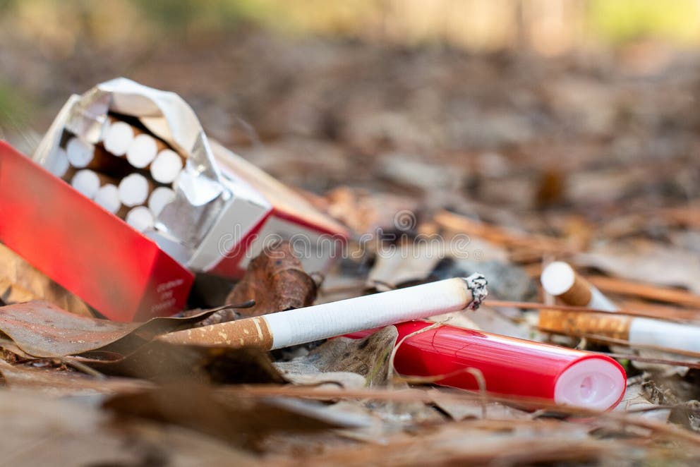 Soft Focused Red Cigarette Box and Lighter on the Ground Stock Photo ...
