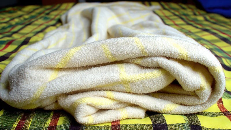 Soft Folded Blanket on Colorful Checkered Bedspread with Warm Cozy ...