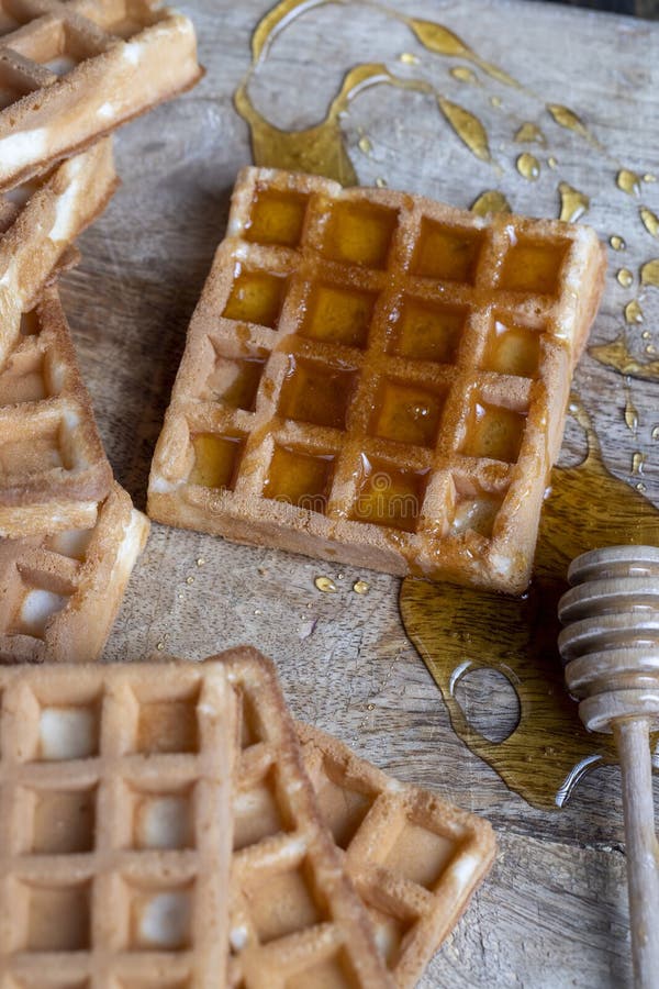 Soft Fresh Waffles with Bee Honey Close-up Stock Image - Image of ...