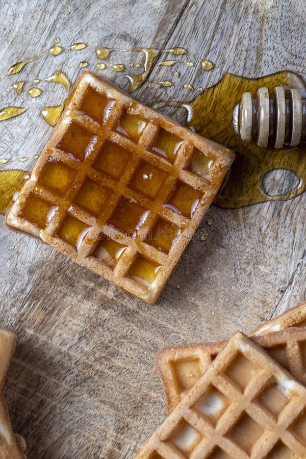 Soft Fresh Waffles with Bee Honey Close-up Stock Photo - Image of ...