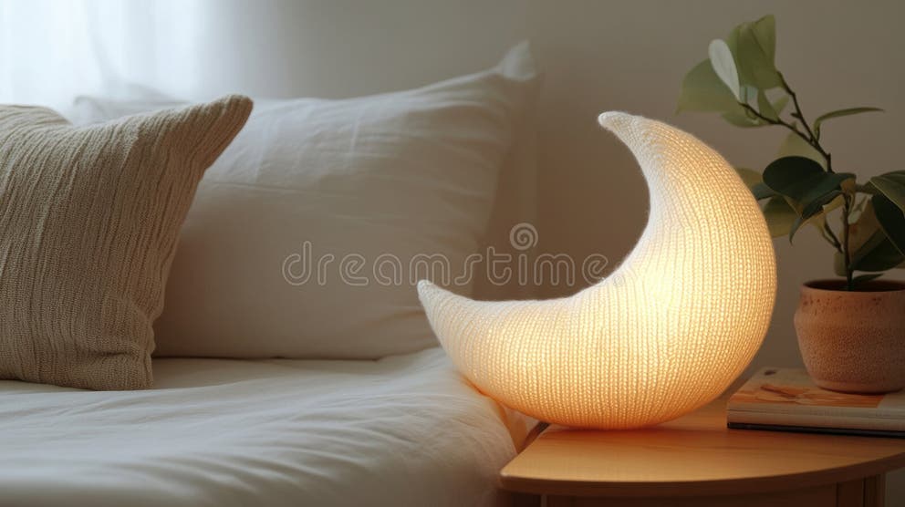Soft Glow Crescent Moon Lamp on Bedside Table Stock Illustration ...