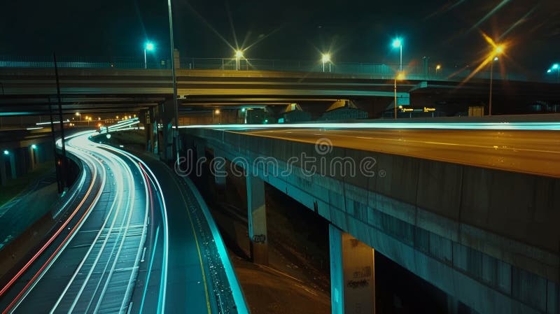 The Soft Glow of Headlights and Tail Lights on the Overpass at Night ...