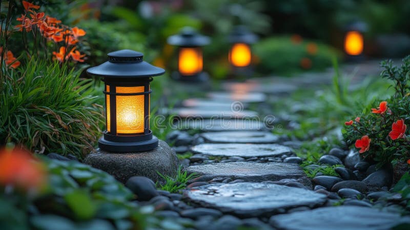 Soft Glow of Lanterns Illuminating a Garden Path during Evening Hours ...