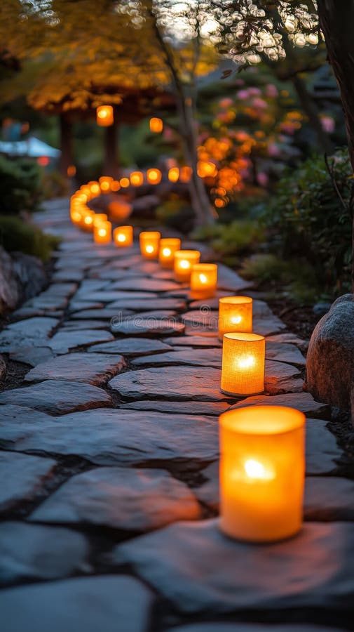 Soft Glow of Lanterns Lining a Stone Path in a Tranquil Garden during ...