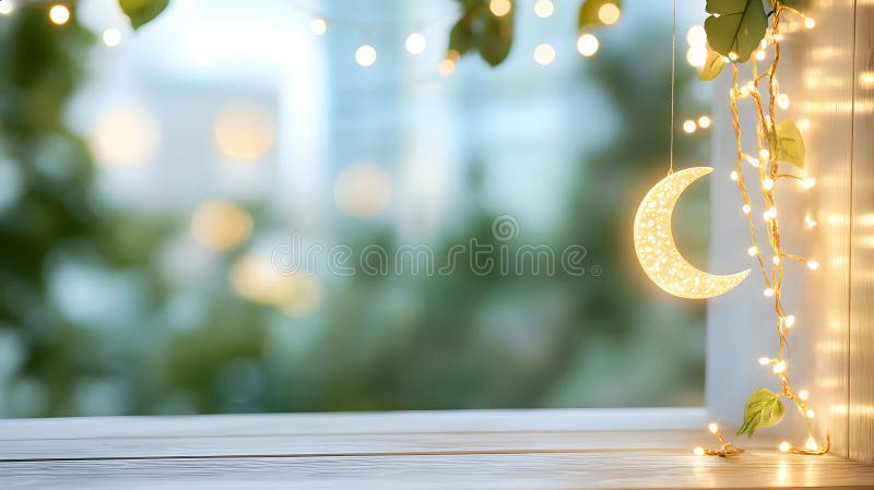 Soft Glowing Crescent Moon Decor with String Lights by a Blurred Green ...