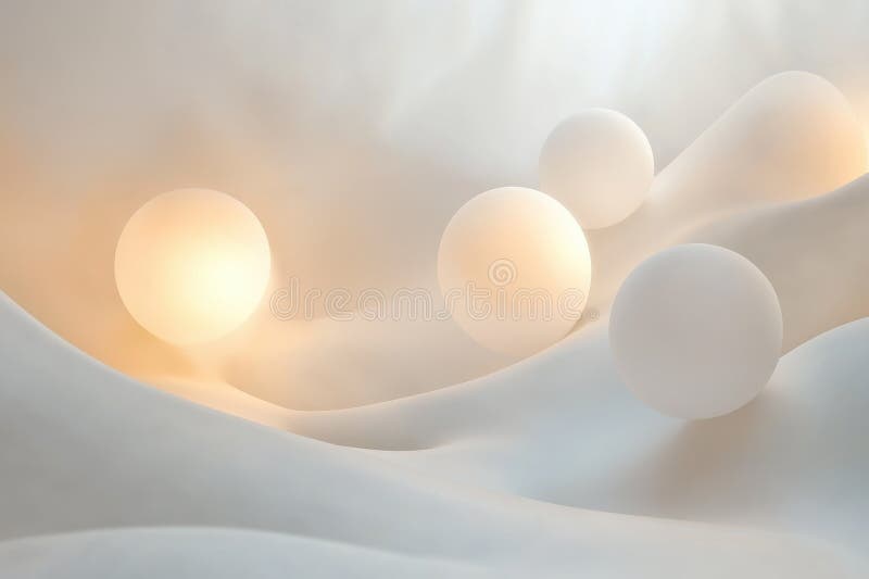 Soft Glowing Spheres Resting on a Smooth White Surface in Dim Light ...