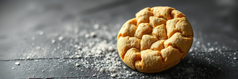 Soft Golden Cookie Resting on a Dark Surface with White Flour Scattered ...