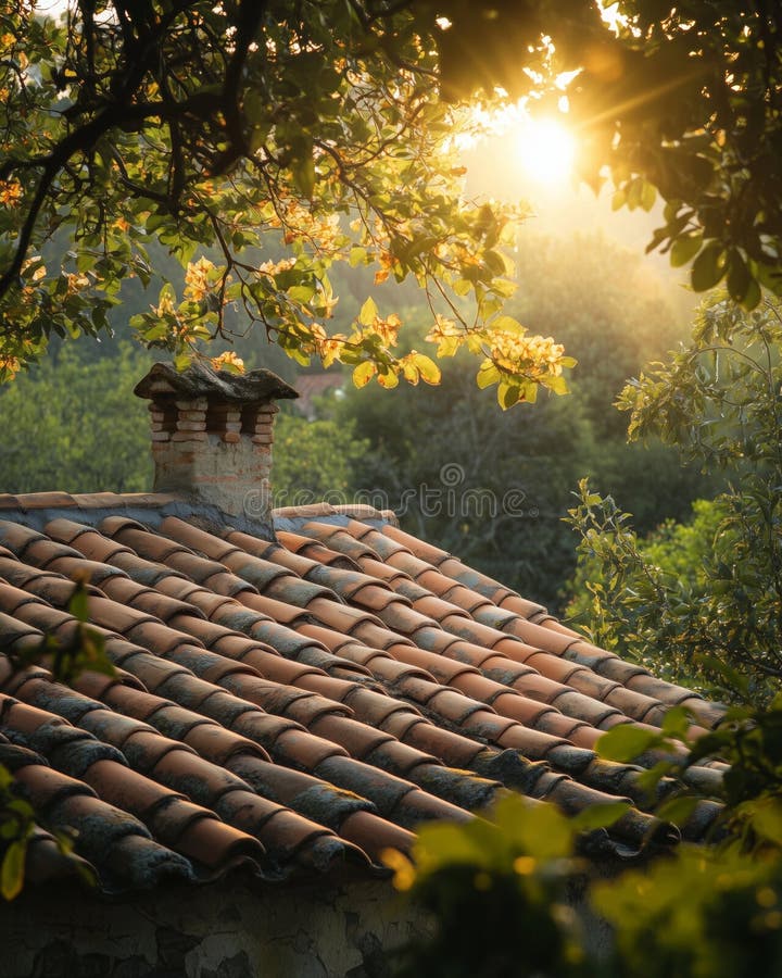 Soft Golden Sunlight Illuminates a Charming Rooftop in the Evening Glow ...