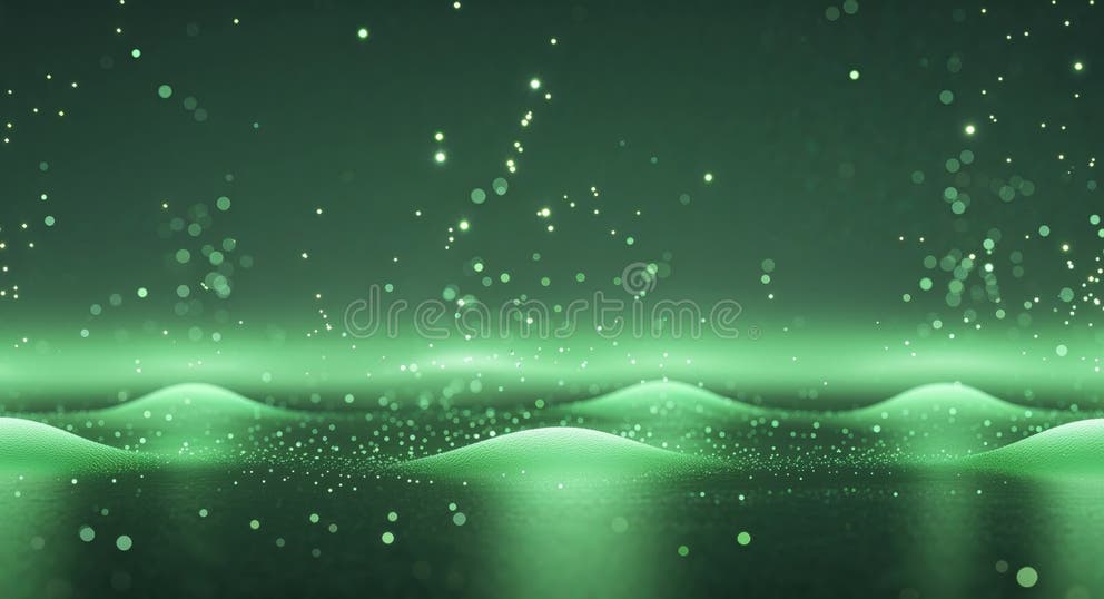 Soft Green Glow with Scattered Light Particles on a Reflective Surface ...