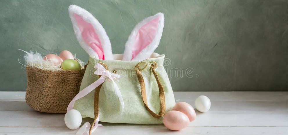 Soft Easter Background with Basket, Colorful Eggs and Banny S Ears ...