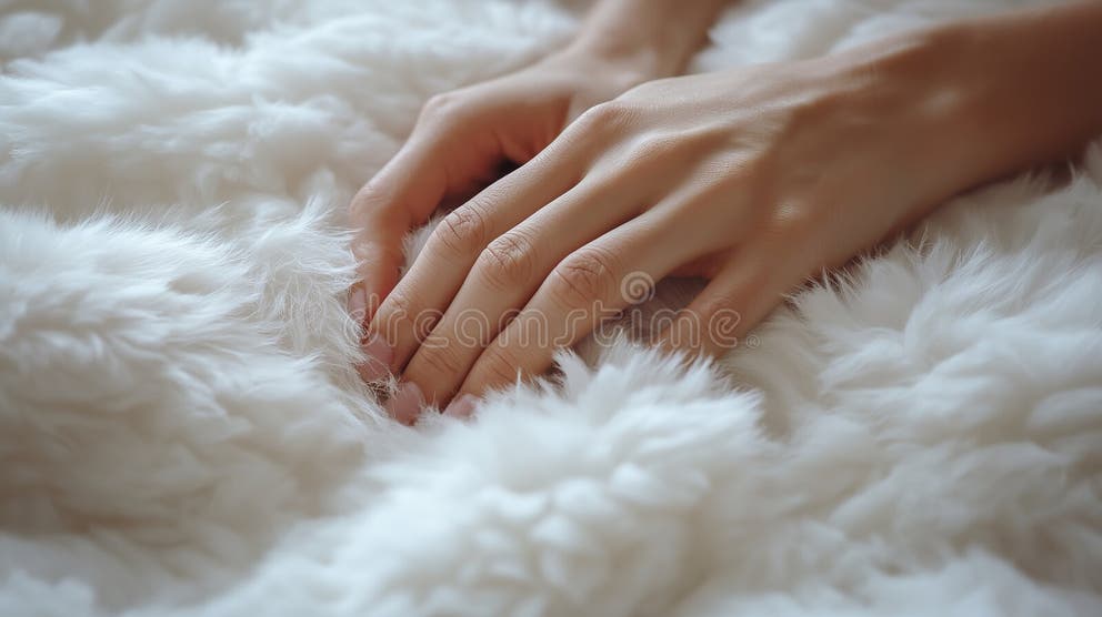 Soft Hands Gently Touching Fluffy White Texture on a Cozy Surface Stock ...