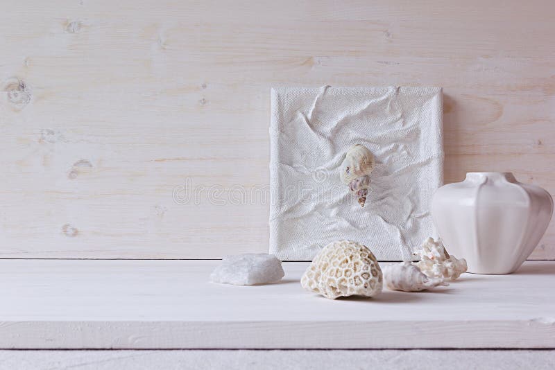 Soft Home Decor; Shells and Corals on White Wooden Background. Stock ...
