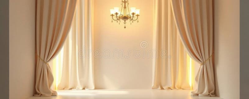 Soft Ivory Drapes Frame a Subtly Lit Backdrop, Elegant Chandelier Glows , Ambiance, Theme Stock ...