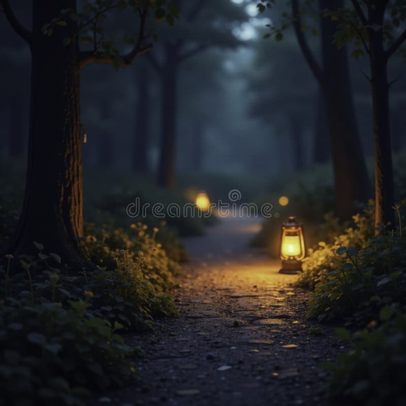 Soft Lantern Light Casts an Otherworldly Glow on a Winding Path, Soft ...