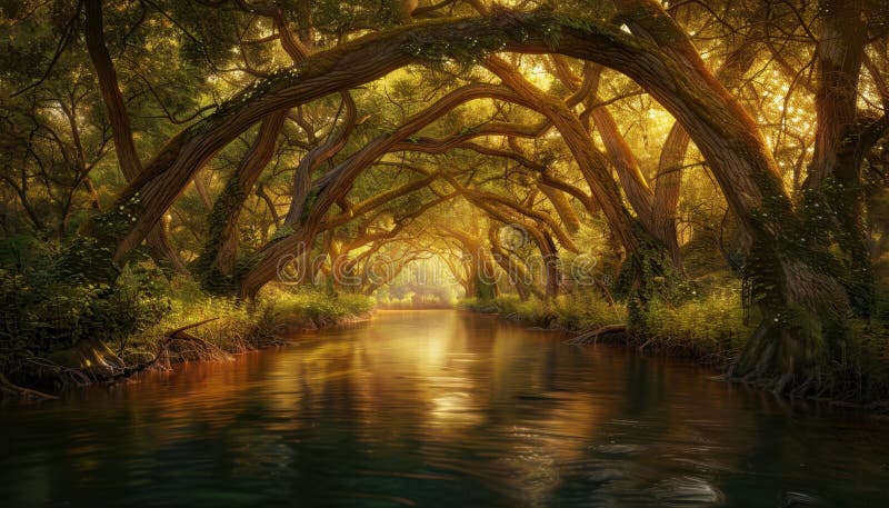 Sunlight Filtering through Twisted Trees Above a Serene River at Dusk ...