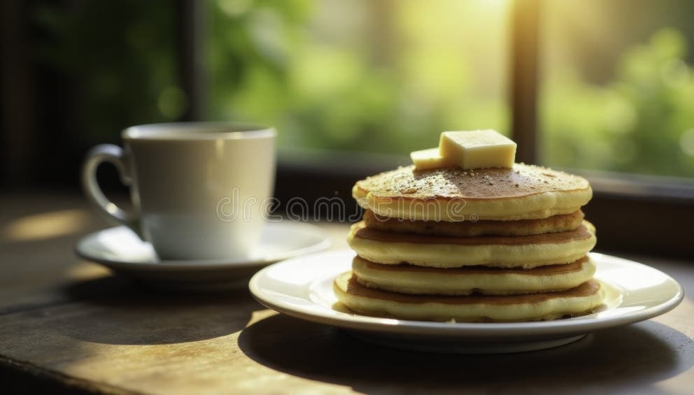 Soft Light Falls on a Stack of Fluffy Pancakes, Coffee, Table Stock ...