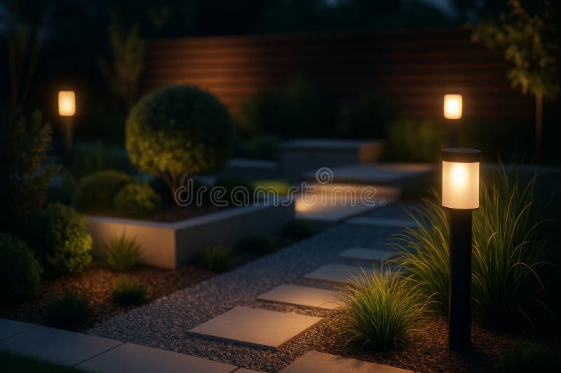 Elegant Garden Pathway Illuminated by Lanterns at Night Stock Image ...