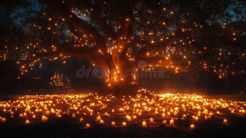 A Tranquil Evening Gathering Under a Tree Adorned with Glowing Lanterns ...