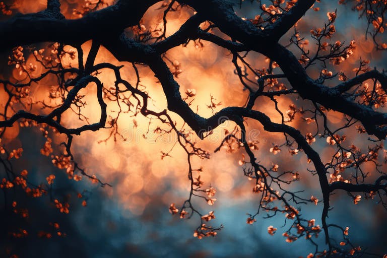 Soft Light on Intricate Branches at Dusk Casting Shadows Below Stock ...