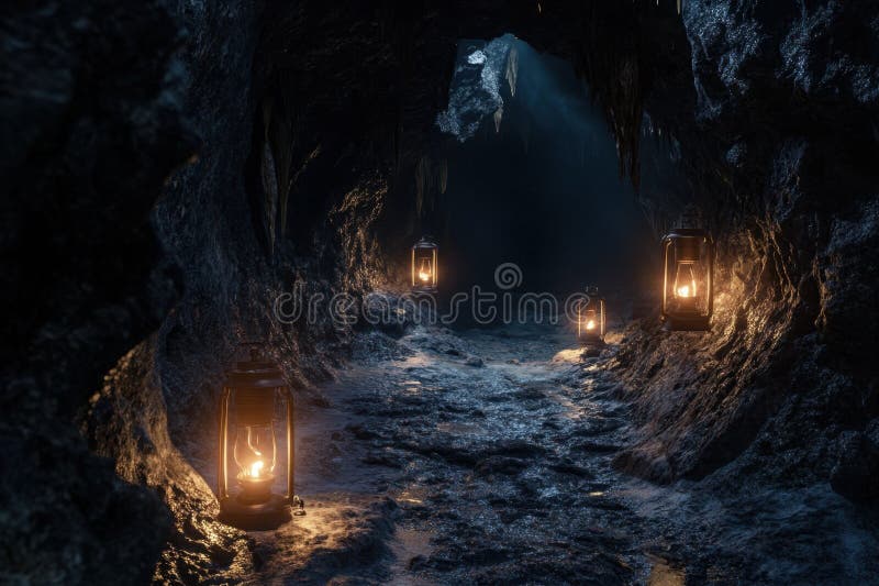 Mysterious Underground Cave Illuminated by Lanterns at Night Stock ...